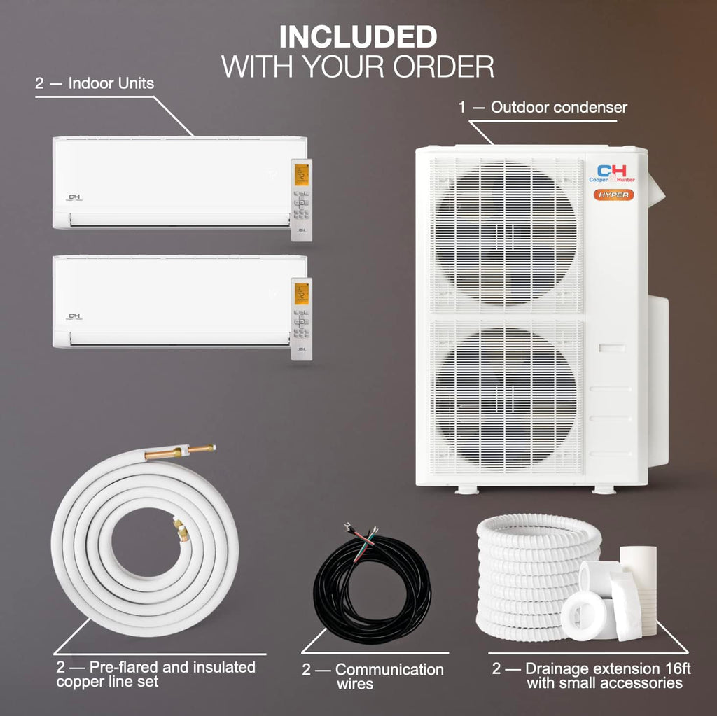 Cooper & Hunter Hyper Heat 48,000 BTU Dual Zone 18,000 + 24,000 BTU ...