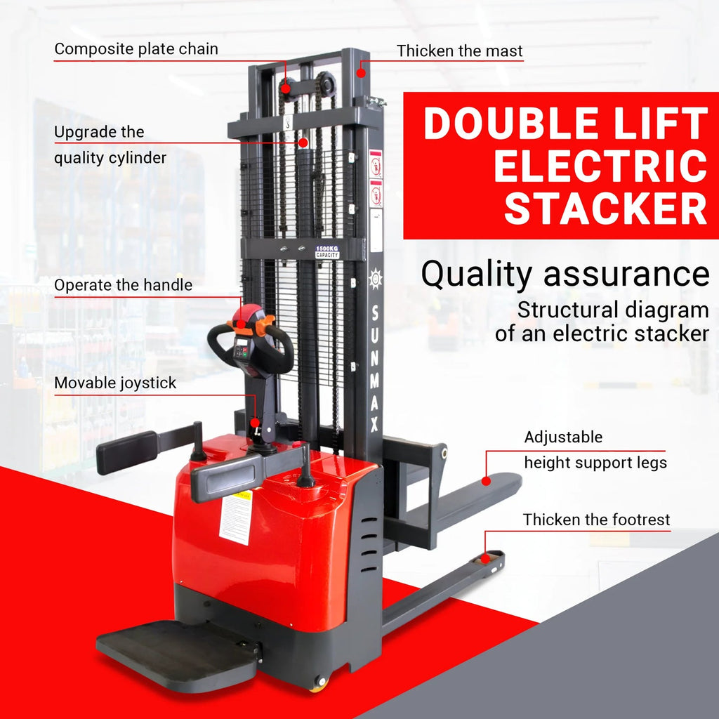 SUNMAX PS3300FE-3M Electric Pallet Stacker, 3300 lbs Capacity, 118 ...